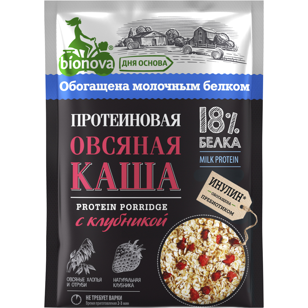 Каша протеиновая Bionova овсяная Клубника не требующая варки, 40г ...