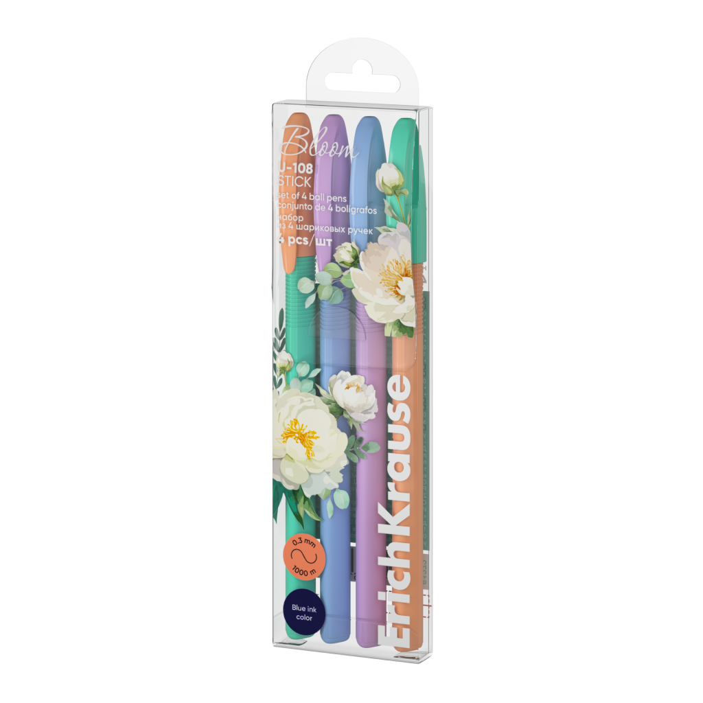 Ручка шариковая Erich Krause Stick Pastel Bloom U-108 1.0, 4шт купить с ...