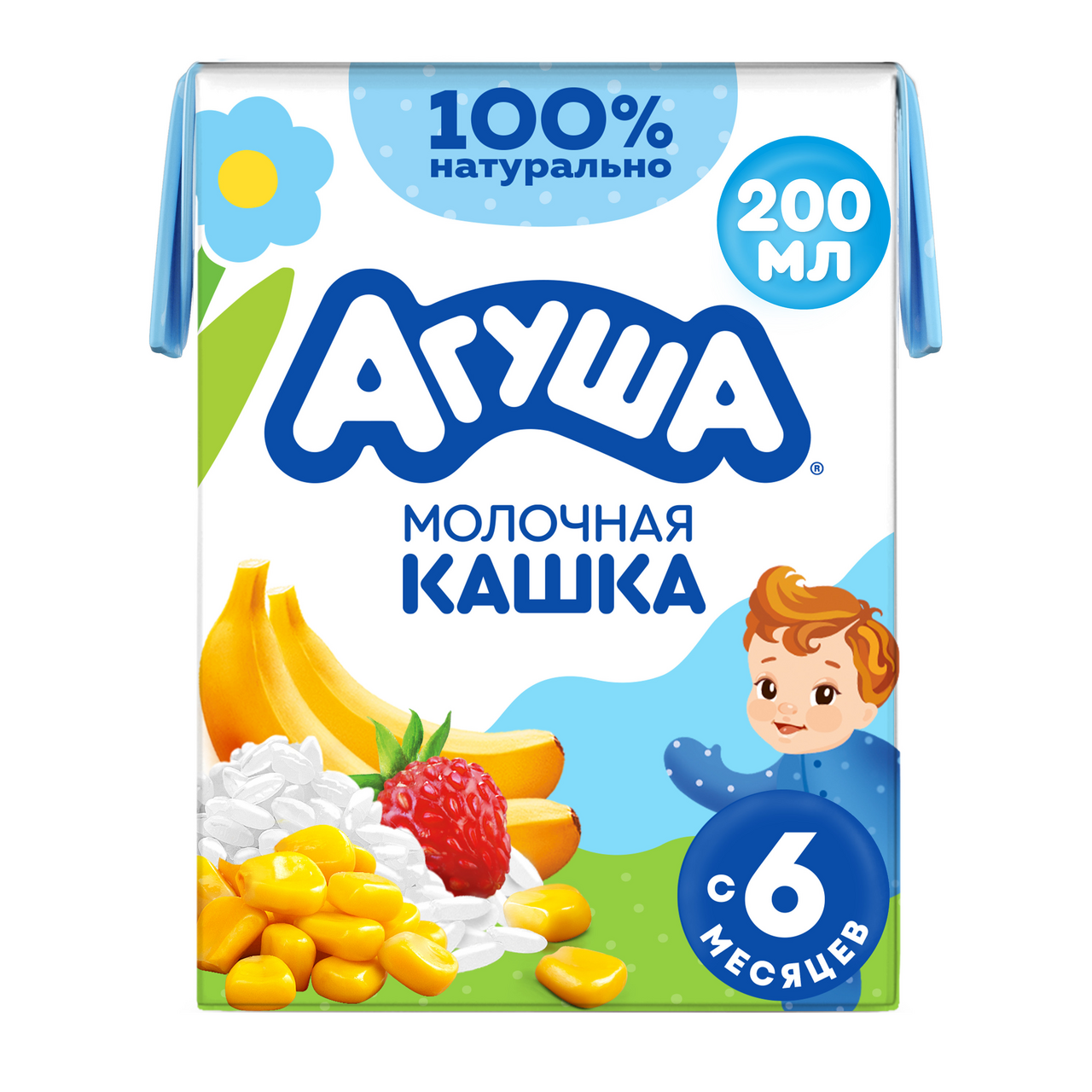 Каша молочная Агуша рисово-кукурузная с бананом и земляникой 2%, 200мл ...