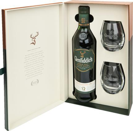 Виски Glenfiddich 12 лет + 2 стакана в подарочной упаковке, 0.75л ...
