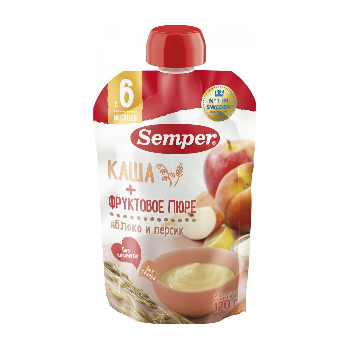 Каша Semper с фруктовым пюре яблоко и персик, 120г купить с доставкой ...